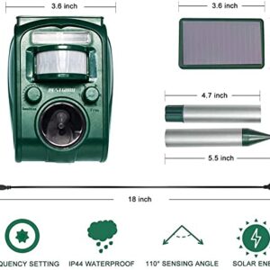 PESTGURU Solar Animal Repeller, 2022 Ultrasonic Mole Repellent, Rat, Squirrel, Deer, Raccoon, Skunk, Rabbit, Mole, Dog, Cat, Waterproof with Motion Detector, USB Rechargeable, Flashing Light (Green)