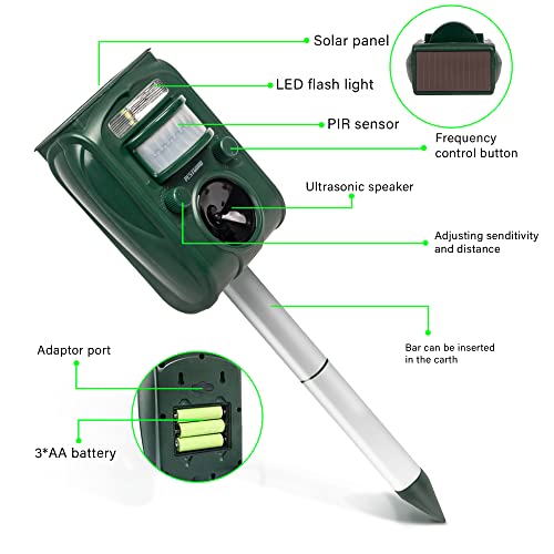 PESTGURU Solar Animal Repeller, 2022 Ultrasonic Mole Repellent, Rat, Squirrel, Deer, Raccoon, Skunk, Rabbit, Mole, Dog, Cat, Waterproof with Motion Detector, USB Rechargeable, Flashing Light (Green)