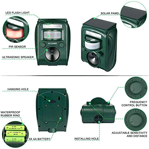 PESTGURU Solar Animal Repeller, 2022 Ultrasonic Mole Repellent, Rat, Squirrel, Deer, Raccoon, Skunk, Rabbit, Mole, Dog, Cat, Waterproof with Motion Detector, USB Rechargeable, Flashing Light (Green)