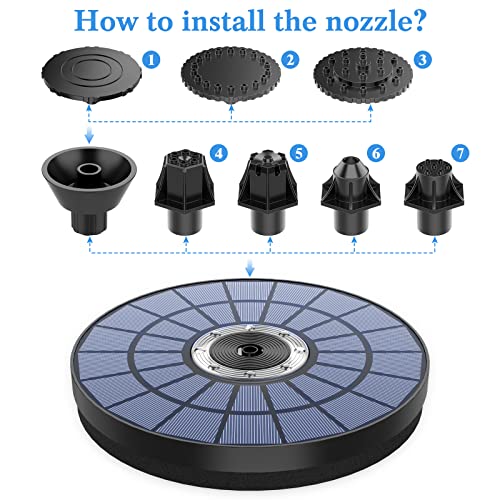 AMZtime LED Solar Fountain Pump 5.5W with Color LED Lights and 2000mAh Battery, 7 Nozzles Solar Bird Bath Fountain Pump, for Outdoor, Garden, Pond, Bird Bath, Swimming Pool