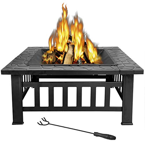 HomGarden 32" Fire Pit Outdoor Patio Square Metal Heater Deck Firepit Backyard Garden Home Stove Burning Fireplace w/Spark Screen,Poker,Cover,Grill