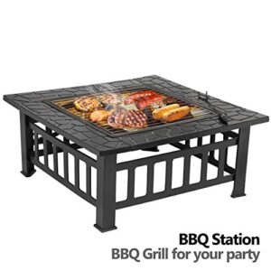 HomGarden 32" Fire Pit Outdoor Patio Square Metal Heater Deck Firepit Backyard Garden Home Stove Burning Fireplace w/Spark Screen,Poker,Cover,Grill