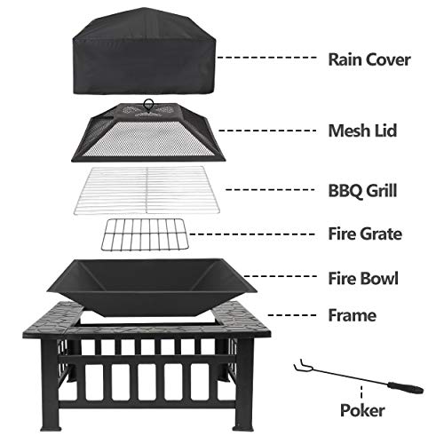 HomGarden 32" Fire Pit Outdoor Patio Square Metal Heater Deck Firepit Backyard Garden Home Stove Burning Fireplace w/Spark Screen,Poker,Cover,Grill