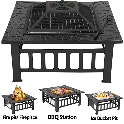 HomGarden 32" Fire Pit Outdoor Patio Square Metal Heater Deck Firepit Backyard Garden Home Stove Burning Fireplace w/Spark Screen,Poker,Cover,Grill