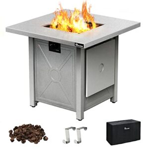 yitahome 28 inch propane fire pit table, 40,000 btu gas fire pit with ignition systems, iron tabletop, lava rock, cover, lid hanger, square outdoor firetable for patio garden backyard (sliver grey)