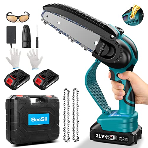 Mini Chainsaw Cordless, Seesii Electric Chainsaw 6 Inch with 2 Super Powered Batteries, Battery Powered Chainsaw with Automatic Oiler for Tree Branch Pruner Wood Cutting【Gardening Tools Set】