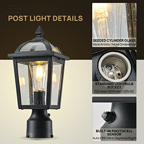 Moonlok Dusk to Dawn Outdoor Post Light, Waterproof Pole Lantern Light Fixture, Seeded Glass Exterior Matte Black Lamp Post Light for Yard, Garden, Fence, Pathway