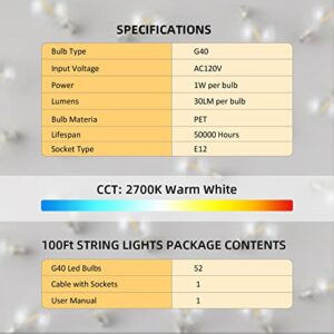 Bomcosy Outdoor String Lights 100Ft Weatherproof, G40 Patio Lights Waterproof with 52 Bulbs, Led Globe String Lights for Outside Shatterproof, Garden Backyard Cafe Bistro Lights House Indoor Decor