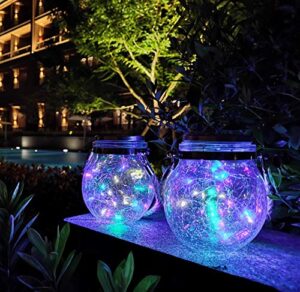 kimi house 2 pack hanging solar powered led lights,cracked glass ball light, waterproof outdoor christmas decorative lantern for garden, yard, patio, lawn (colorful)