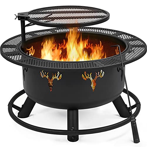 Yaheetech 32in Fire Pit Outdoor Wood Burning Firepits Outdoor Fireplace with 18.5 Inch Swivel Cooking Grill Grate & Poker Fire Bowl for Camping, Backyard, BBQ, Garden, Bonfire