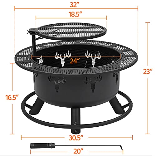 Yaheetech 32in Fire Pit Outdoor Wood Burning Firepits Outdoor Fireplace with 18.5 Inch Swivel Cooking Grill Grate & Poker Fire Bowl for Camping, Backyard, BBQ, Garden, Bonfire