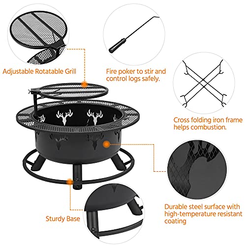 Yaheetech 32in Fire Pit Outdoor Wood Burning Firepits Outdoor Fireplace with 18.5 Inch Swivel Cooking Grill Grate & Poker Fire Bowl for Camping, Backyard, BBQ, Garden, Bonfire