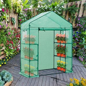 EAGLE PEAK 61'' x 28'' x 79'' Walk-in Greenhouse, 2 Tier 4 Shelves Portable Plant Gardening Greenhouse, Front Roll-Up Zipper Entry Door and 2 Roll-Up Side Windows, Green