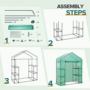 EAGLE PEAK 61'' x 28'' x 79'' Walk-in Greenhouse, 2 Tier 4 Shelves Portable Plant Gardening Greenhouse, Front Roll-Up Zipper Entry Door and 2 Roll-Up Side Windows, Green