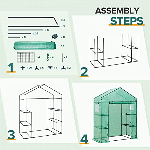 EAGLE PEAK 61'' x 28'' x 79'' Walk-in Greenhouse, 2 Tier 4 Shelves Portable Plant Gardening Greenhouse, Front Roll-Up Zipper Entry Door and 2 Roll-Up Side Windows, Green