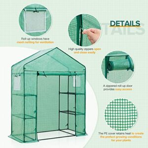 EAGLE PEAK 61'' x 28'' x 79'' Walk-in Greenhouse, 2 Tier 4 Shelves Portable Plant Gardening Greenhouse, Front Roll-Up Zipper Entry Door and 2 Roll-Up Side Windows, Green