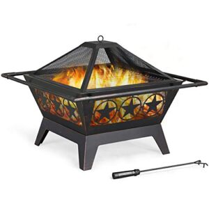 yaheetech 32in outdoor fire pit metal square firepit wood burning backyard patio garden beaches camping picnic bonfire stove with spark screen, log poker