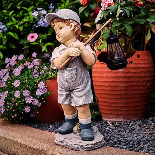 Floryden Solar Boy Statue, Garden Boy Statues with Solar Powered LED Light for Garden, Patio, Lawn, Yard, Housewarming, Thanksgiving, Arbor Day, Hand-Painted Sculpted Figure, 17.5”H Resin