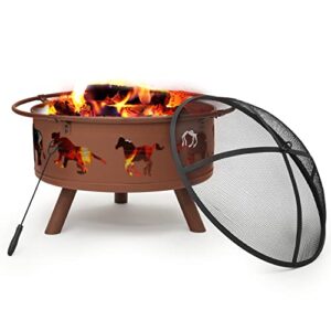 monibloom 32″ wood burning fire pits horse pattern round metal firepit burning fireplace with spark screen cover and poker for patio backyard picnic garden, red