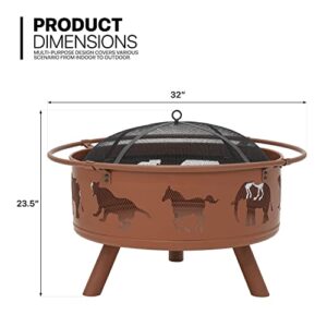 MoNiBloom 32" Wood Burning Fire Pits Horse Pattern Round Metal Firepit Burning Fireplace with Spark Screen Cover and Poker for Patio Backyard Picnic Garden, Red