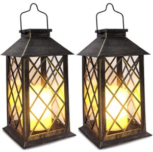 shymery solar lantern,outdoor garden hanging lanterns,set of 2,14 inch waterproof led flickering flameless candle mission lights for table,outdoor,party decorative