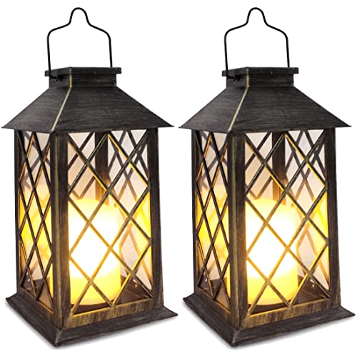 SHYMERY Solar Lantern,Outdoor Garden Hanging Lanterns,Set of 2,14 Inch Waterproof LED Flickering Flameless Candle Mission Lights for Table,Outdoor,Party Decorative