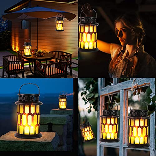 DONLINE Solar Lanterns Outdoor Waterproof Flickering Flame Hanging Solar Lantern Camping Solar Powered Lights Decorative Lights for Halloween Decorations Home Garden Patio Deck Yard Path, 2 Pack