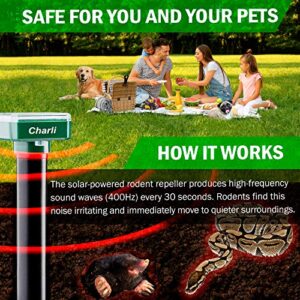 Charli New 8X Solar Sonic Mole Repellent Groundhog Repeller Gopher Deterrent Vole Chaser Snake Repellent Spikes Traps Rodents No Killing - Remove Burrowing Rodents (8) (8)