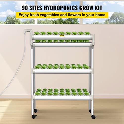 VEVOR Hydroponics Growing System, 90 Sites 10 Food-Grade PVC-U Pipes, 3 Layers Indoor Planting Kit with Water Pump, Timer, Nest Basket, Sponge, for Fruits, Vegetables, Herbs, White