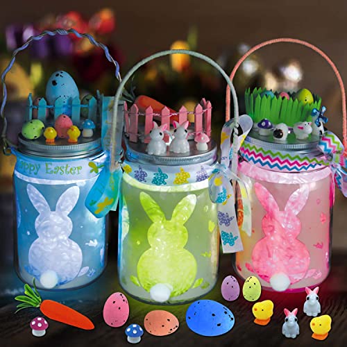 unbrands 3 Pack Light Up Easter Craft Kit,DIY Easter Lantern Craft,Mason Jars Easter Hanging Lantern Decoration,Indoor Garden Decor,DIY Night Light