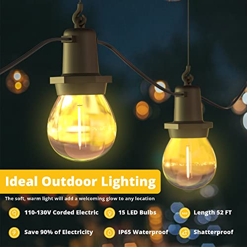 Sunnyload 52FT Outdoor String Lights Waterproof, 110 Volts Outdoor Decorations for Patio, Yard, Garden, Porch, Backyard,Heavy-Duty Decorative Cafe Hanging Lights,with 15 LED Shatterproof Bulbs