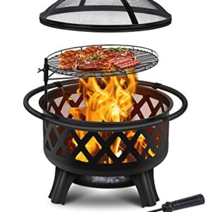 Outdoor 2 in 1 Fire Pit 30" Wood Burning FirePit with Grill, Spark Screen, Great for Outdoor, Garden, Patio, Backyard, Bonfire