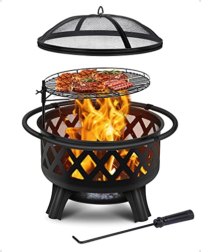 Outdoor 2 in 1 Fire Pit 30" Wood Burning FirePit with Grill, Spark Screen, Great for Outdoor, Garden, Patio, Backyard, Bonfire