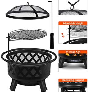 Outdoor 2 in 1 Fire Pit 30" Wood Burning FirePit with Grill, Spark Screen, Great for Outdoor, Garden, Patio, Backyard, Bonfire