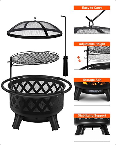 Outdoor 2 in 1 Fire Pit 30" Wood Burning FirePit with Grill, Spark Screen, Great for Outdoor, Garden, Patio, Backyard, Bonfire