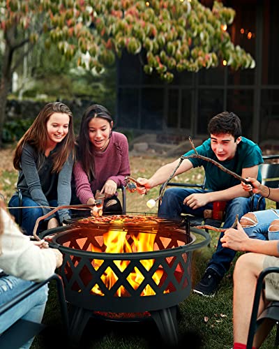 Outdoor 2 in 1 Fire Pit 30" Wood Burning FirePit with Grill, Spark Screen, Great for Outdoor, Garden, Patio, Backyard, Bonfire