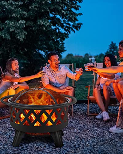 Outdoor 2 in 1 Fire Pit 30" Wood Burning FirePit with Grill, Spark Screen, Great for Outdoor, Garden, Patio, Backyard, Bonfire