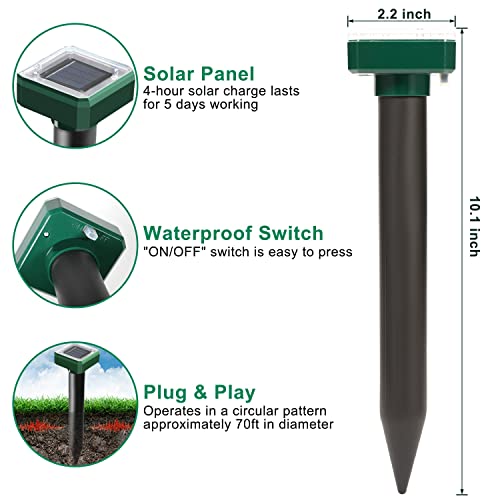 Mole Repellent Solar Powered, 6 Pack Solar Mole Repellent Ultrasonic for Vole, Snakes, Gopher, Waterproof Sonic Mole Deterrent Spikes,Snake Gopher Vole Repellent for Garden and Yard