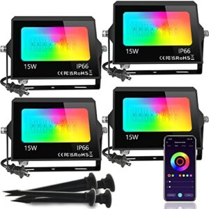 4 pack led flood light outdoor with stake, rgbcw diy color changing landscape lighting 150w equivalent, bluetooth smart floodlight with app control, timing-20 modes for garden yard, ip66 waterproof