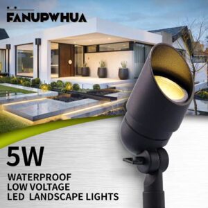 FANUPWHUA Low Voltage Landscape Lights -12V 5W LED Landscape Lighting Cast-Aluminum Waterproof Outdoor Lights for Yard Garden Spotlights with MR16 Warm White Bulbs&Spikes (2 Pack)