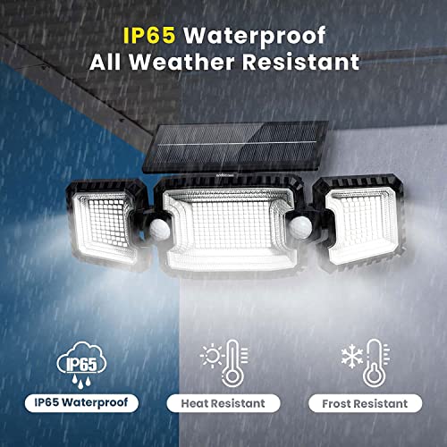 AmbiCasa Solar Outdoor Lights, Super Bright 3000LM 305 LED Motion Sensor Outdoor Flood Lights, IP65 Waterproof 3 Heads Security Lights with 2 Sensors, 3 Modes Wall Lights for Yard Garage Patio