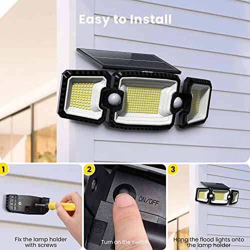 AmbiCasa Solar Outdoor Lights, Super Bright 3000LM 305 LED Motion Sensor Outdoor Flood Lights, IP65 Waterproof 3 Heads Security Lights with 2 Sensors, 3 Modes Wall Lights for Yard Garage Patio