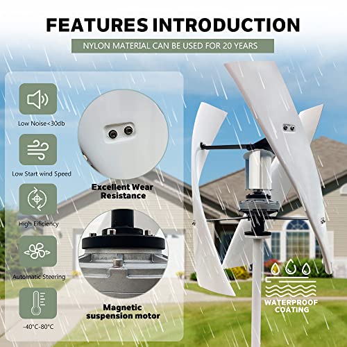 AISINILALAO 5000W Vertical Axis Wind Turbine Generator Set, Household 12V 24V 48V 220V No Noise Wind Generator Kit with Controller for Courtyard Garden Lighting(White),12v