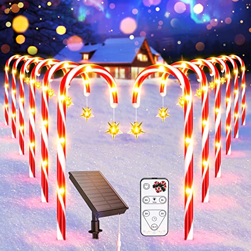 BUCASA 12 Pack Christmas Decorations Outdoor Solar Candy Cane Lights, Upgraded Waterproof Solar Pathway Markers Yard Lights with Star & Remote Control, 9 Modes Xmas Decorations for Garden Yard Decor