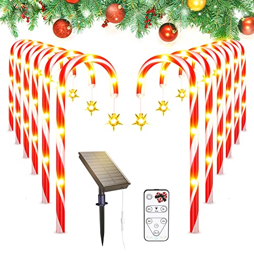 BUCASA 12 Pack Christmas Decorations Outdoor Solar Candy Cane Lights, Upgraded Waterproof Solar Pathway Markers Yard Lights with Star & Remote Control, 9 Modes Xmas Decorations for Garden Yard Decor