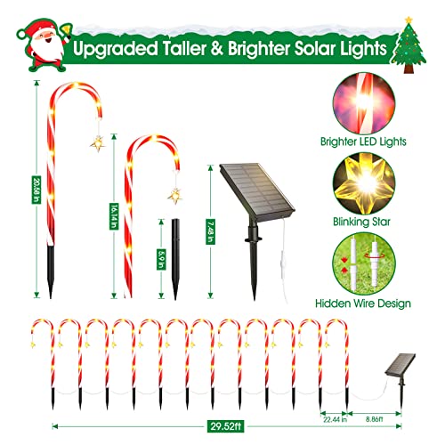 BUCASA 12 Pack Christmas Decorations Outdoor Solar Candy Cane Lights, Upgraded Waterproof Solar Pathway Markers Yard Lights with Star & Remote Control, 9 Modes Xmas Decorations for Garden Yard Decor