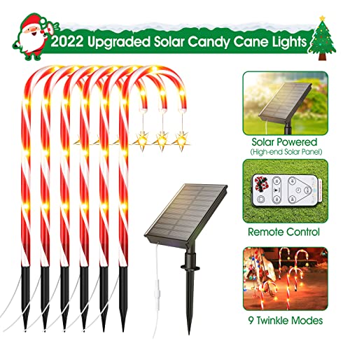 BUCASA 12 Pack Christmas Decorations Outdoor Solar Candy Cane Lights, Upgraded Waterproof Solar Pathway Markers Yard Lights with Star & Remote Control, 9 Modes Xmas Decorations for Garden Yard Decor