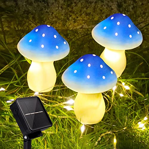 Solar Garden Lights, 3 Pack Mini Mushroom Solar Lights with 18 LEDs, 8 Modes Solar String Lights Outdoor Waterproof Cute Blue Mushroom Decoration Landscape Lights for Yard, Lawn, Patio, Flowerpot