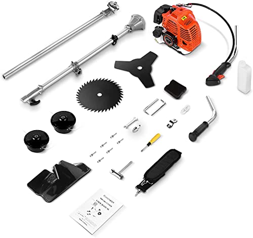 58CC Gas String Trimmer 2-Cycle Gas Brush Cutter Straight Shaft 4 in 1 Cordless Grass Edger Weed Wacker Gasoline Powered Weed Eater with 4 Detachable Heads for Lawn and Garden Care-Orange