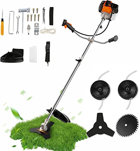 58CC Gas String Trimmer 2-Cycle Gas Brush Cutter Straight Shaft 4 in 1 Cordless Grass Edger Weed Wacker Gasoline Powered Weed Eater with 4 Detachable Heads for Lawn and Garden Care-Orange